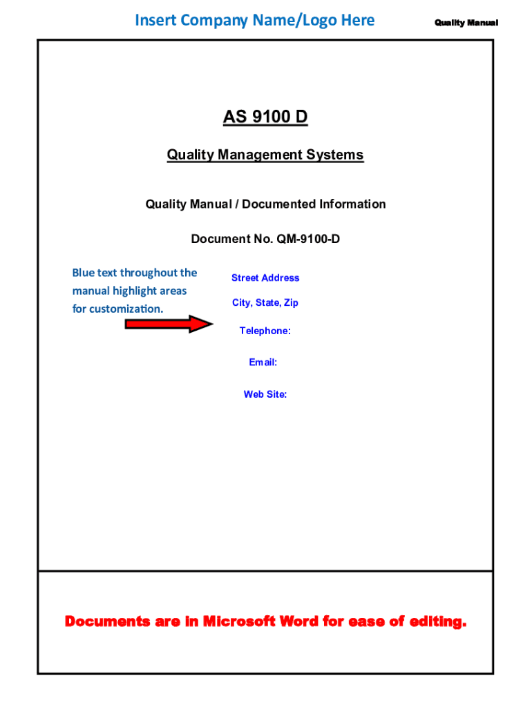 Fillable Online AS9100 Rev D All-in-One Certification Package Contents ...