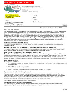 Fillable Online ford motor company issues one safety compliance recall ...