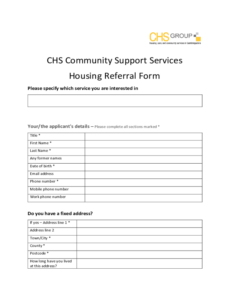 Fillable Online CHS Community Support Services Housing Referral Form ...