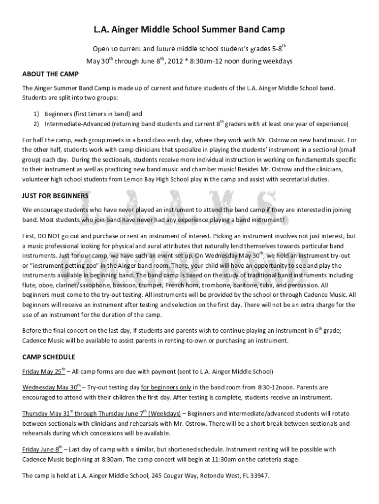 Fillable Online FREE Rising 5 Grade L.A. Ainger Middle School Summer ...