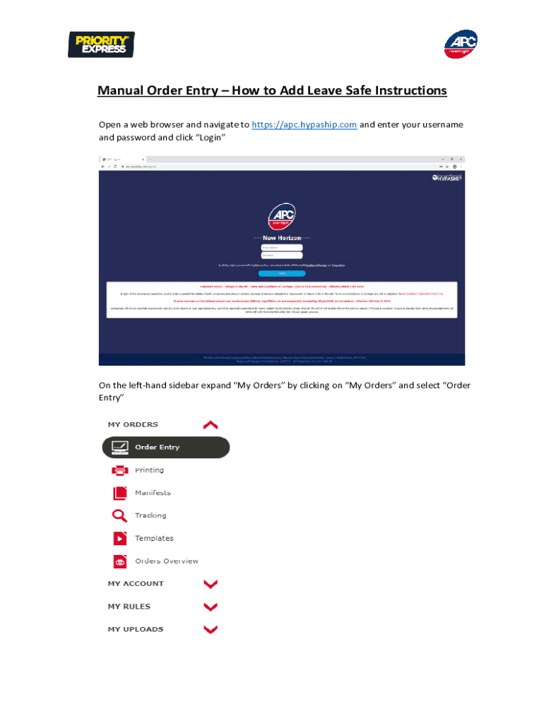 Fillable Online How to Add Leave Safe Instructions - Manual Order Entry ...