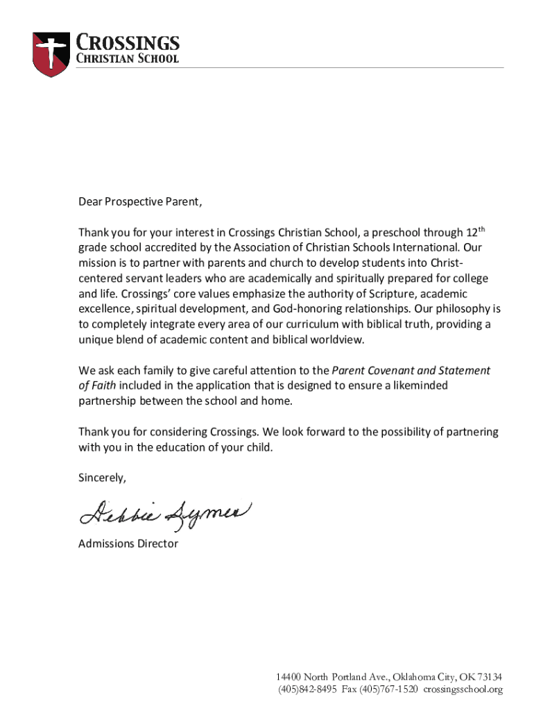 Fillable Online Dear Prospective Parent, Thank you for your ... Fax Email Print - pdfFiller