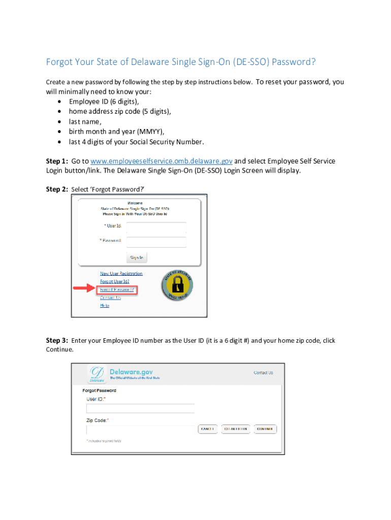 Fillable Online Forgot Your State of Delaware Single Sign-On (DE-SSO ... Fax Email Print - pdfFiller