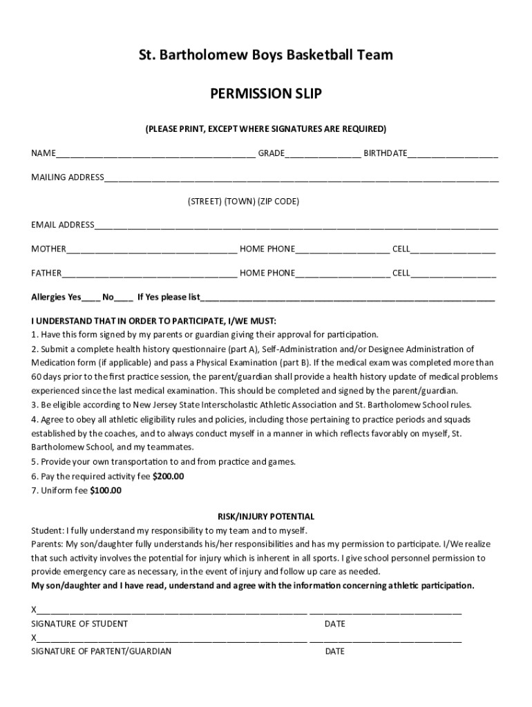 Fillable Online St. Bartholomew Boys Basketball Team PERMISSION SLIP ...