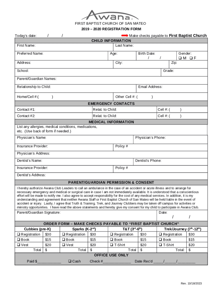 Awana Registration . Awana clubs Doc Template | pdfFiller