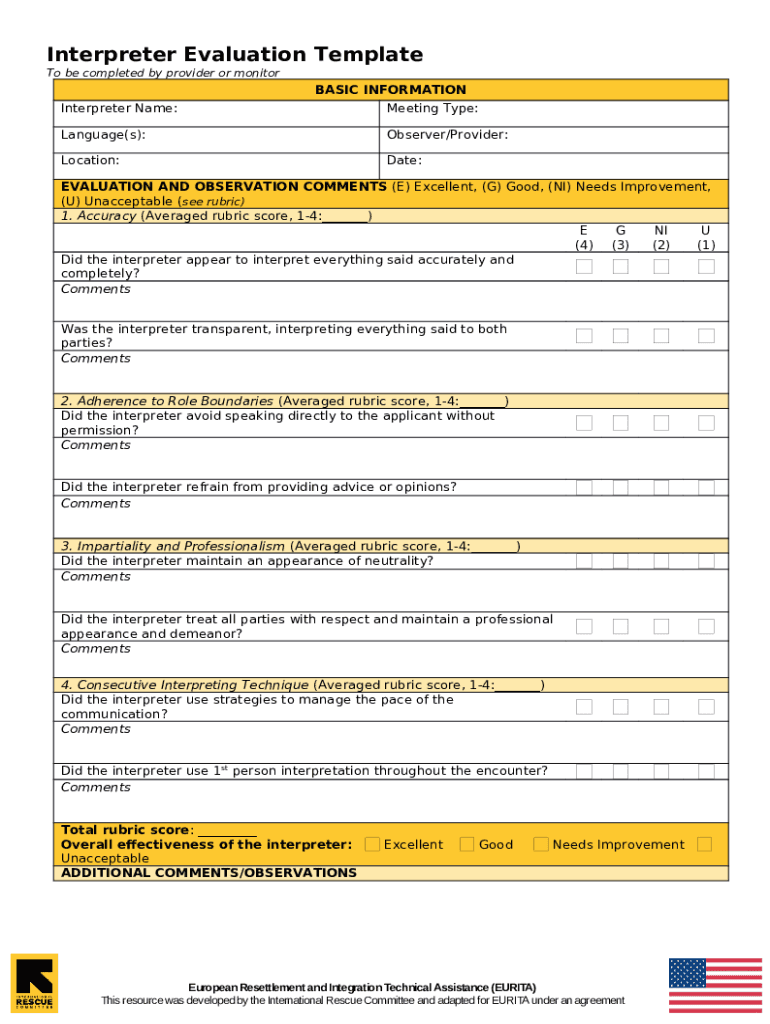 Interpreter Evaluation Template Doc Template | pdfFiller