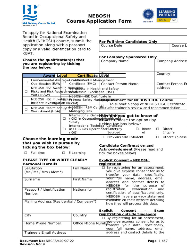 NEBOSH Course Application English Language ... Doc Template | pdfFiller