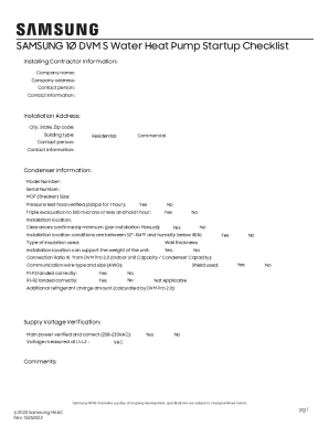 Fillable Online SAMSUNG 1 DVM S Water Heat Pump Startup Checklist Fax ...