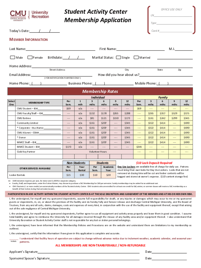 Fillable Online Student Activity Center Membership Application Fax ...
