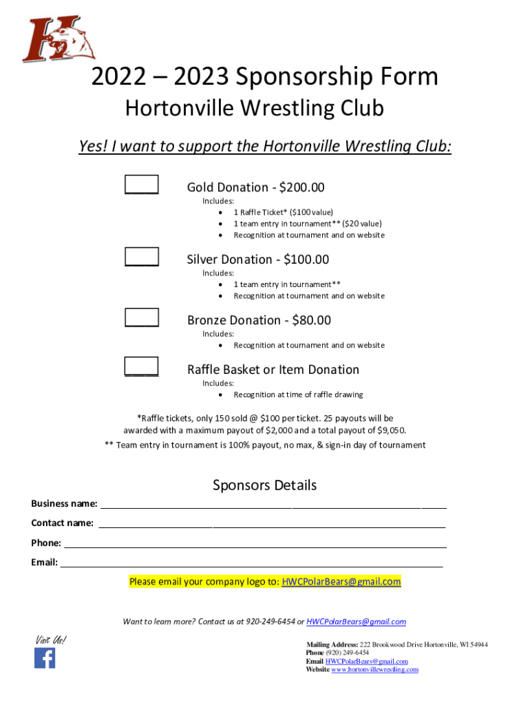 Fillable Online 20222023 Sponsorship Form - Hortonville Wrestling Club ...