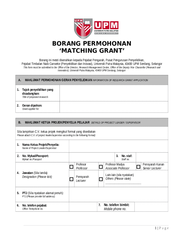 borang permohonan 'matching grant' - rmcupm.edu.my - rmc upm edu Doc Template | pdfFiller