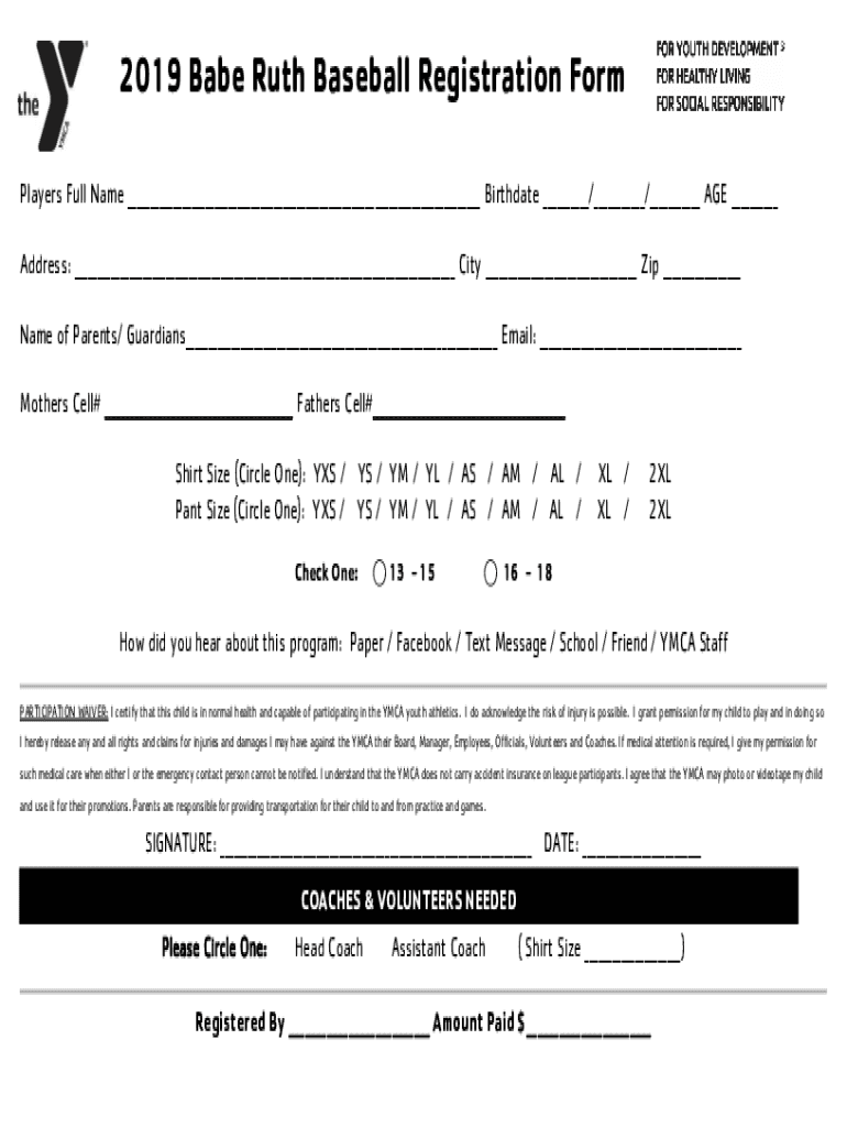 Fillable Online 2016 13-15 yr olds Babe Ruth Registration Form ...