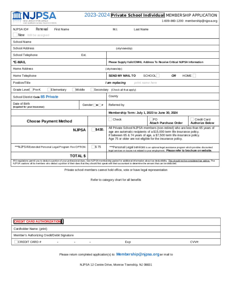 2023-2024 Private School Individual MEMBERSHIP APPLICATION Doc Template | pdfFiller
