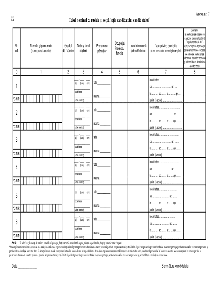 Fillable Online Tabel nominal cu rudele i soul /soia candidatului ...