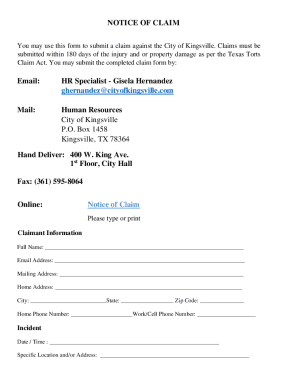 Fillable Online NOTICE OF CLAIM Email: HR Specialist Fax Email Print ...