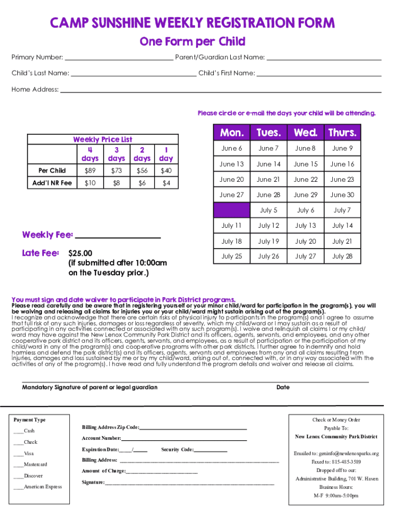 Fillable Online CAMP SUNSHINE WEEKLY REGISTRATION FORM Fax Email Print ...