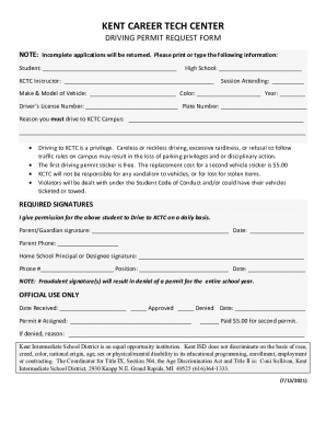 Fillable Online kent career tech center - driving permit request form ...