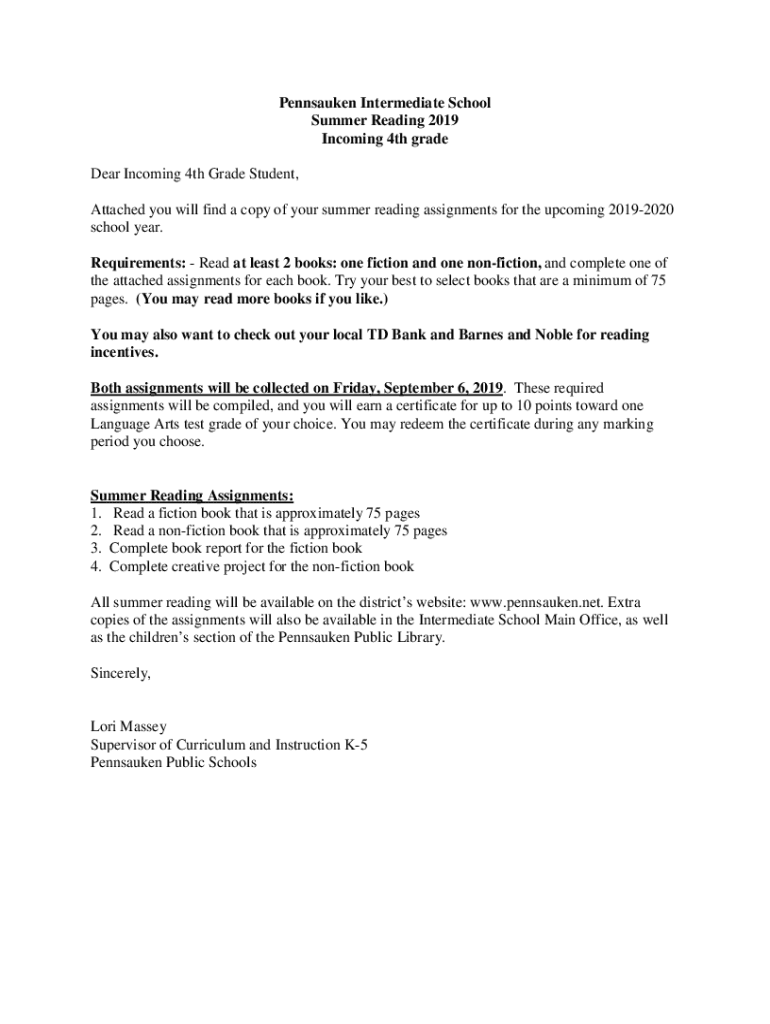 Fillable Online Incoming 4th Grade Summer Reading Assignments and ...