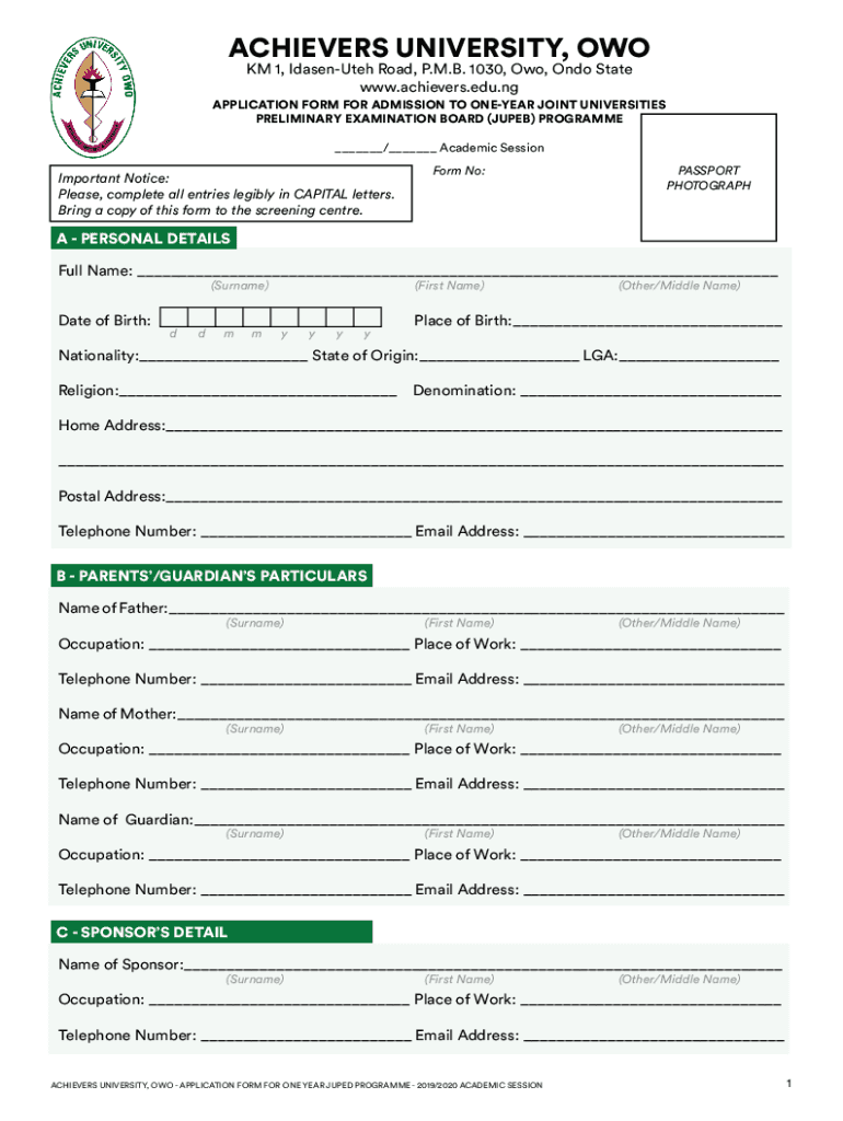 Fillable Online achievers edu Achievers University, Owo ADMISSION Form into 2023 ... Fax Email ...