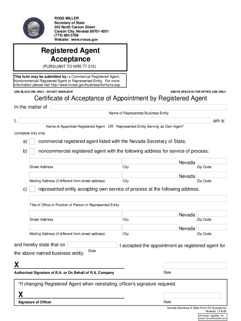 Fillable Online Certificate Of Acceptance Of Appointment By Registered ...