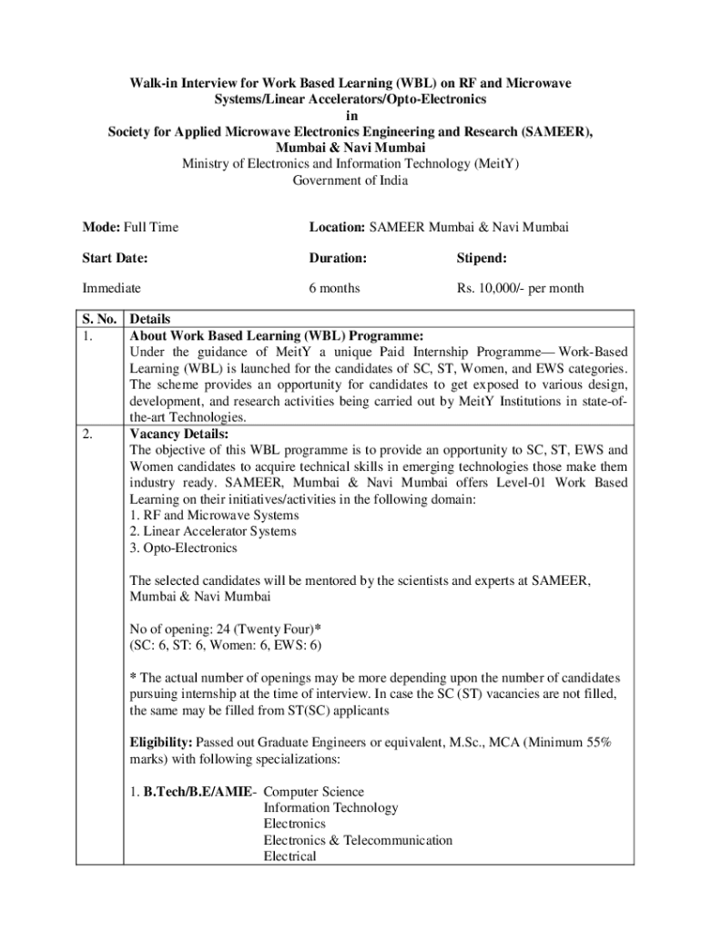 Fillable Online sameer gov Walk-in Interview for Work Based Learning ...