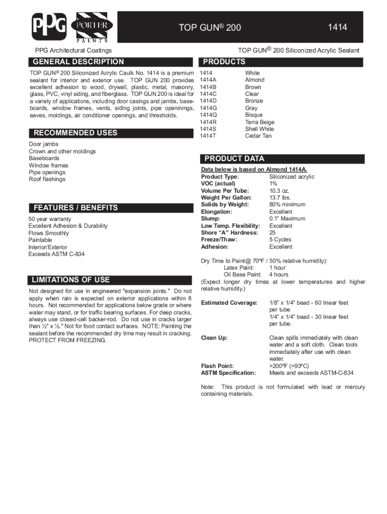 Fillable Online PPG PAINTS Top Gun 200 Sealant, Maximum Durability ...