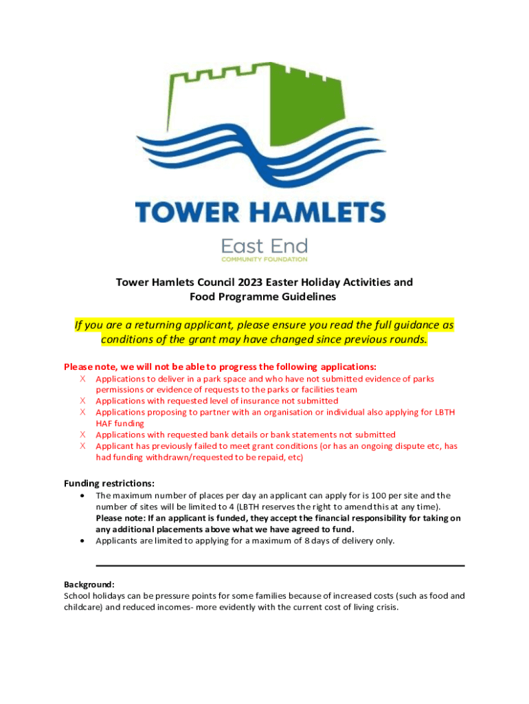 Fillable Online Tower Hamlets Council: Holiday Activities & Food Summer ...