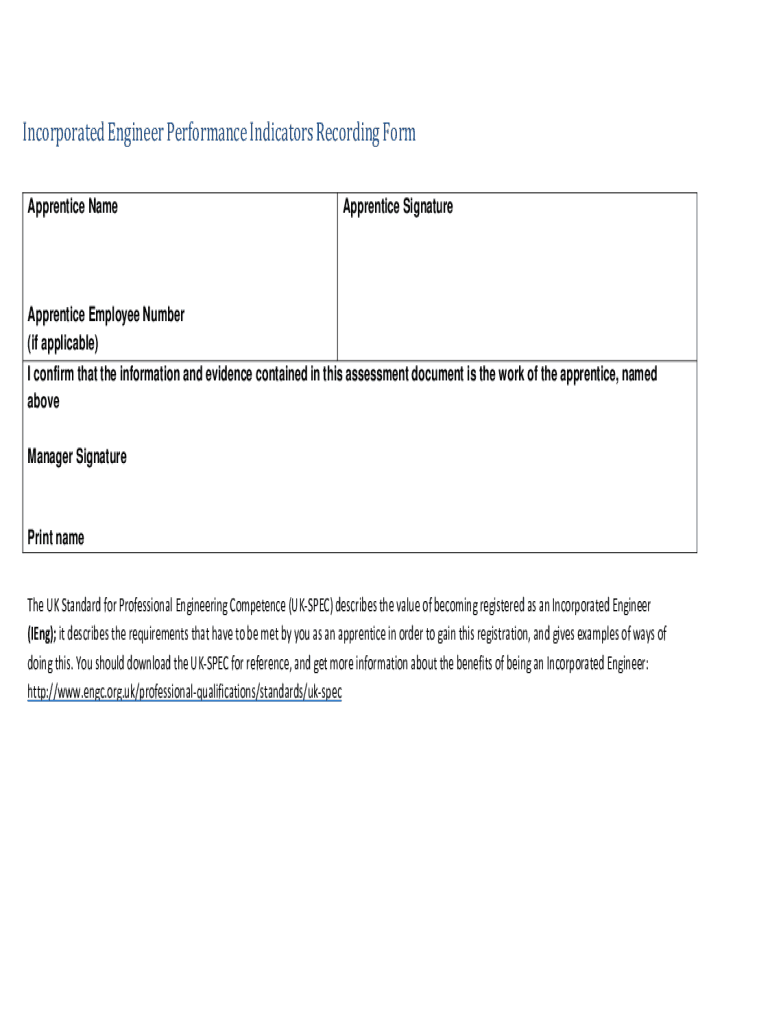 Fillable Online Incorporated Engineer Performance Indicators Recording ...