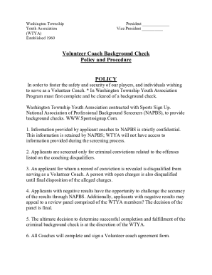 Fillable Online Volunteer Coach Background Check Policy and Procedure ...