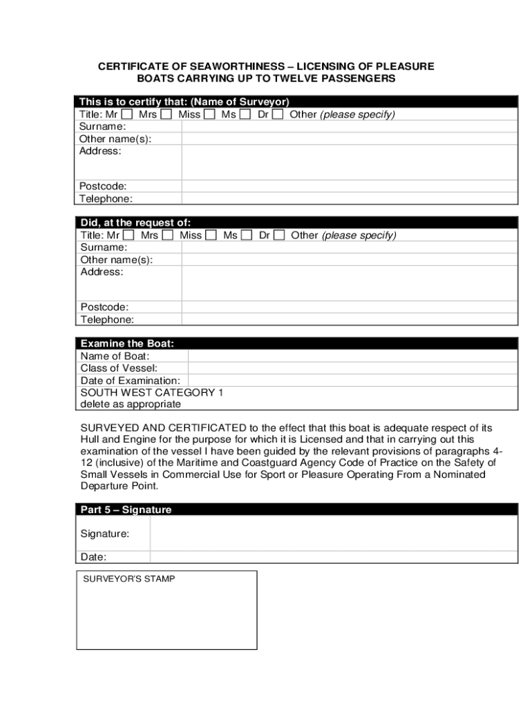 Fillable Online CERTIFICATE OF SEAWORTHINESS. CERTIFICATE OF ...