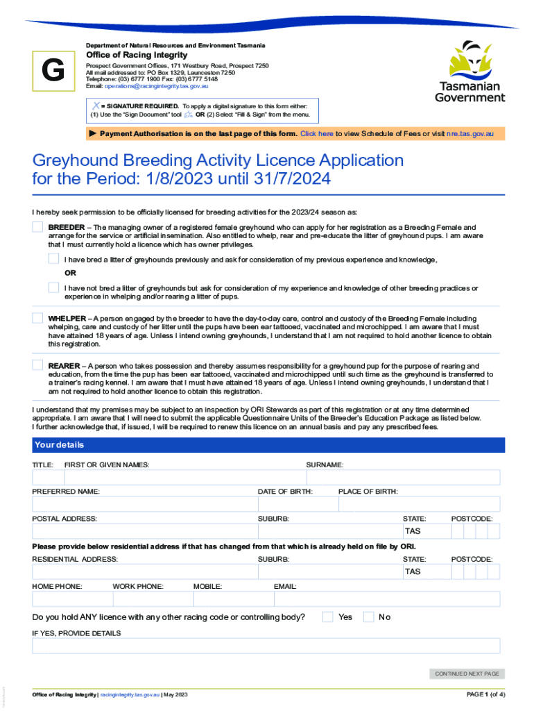 Fillable Online Greyhound - Breeding Activity Licence Application 23-24 ...