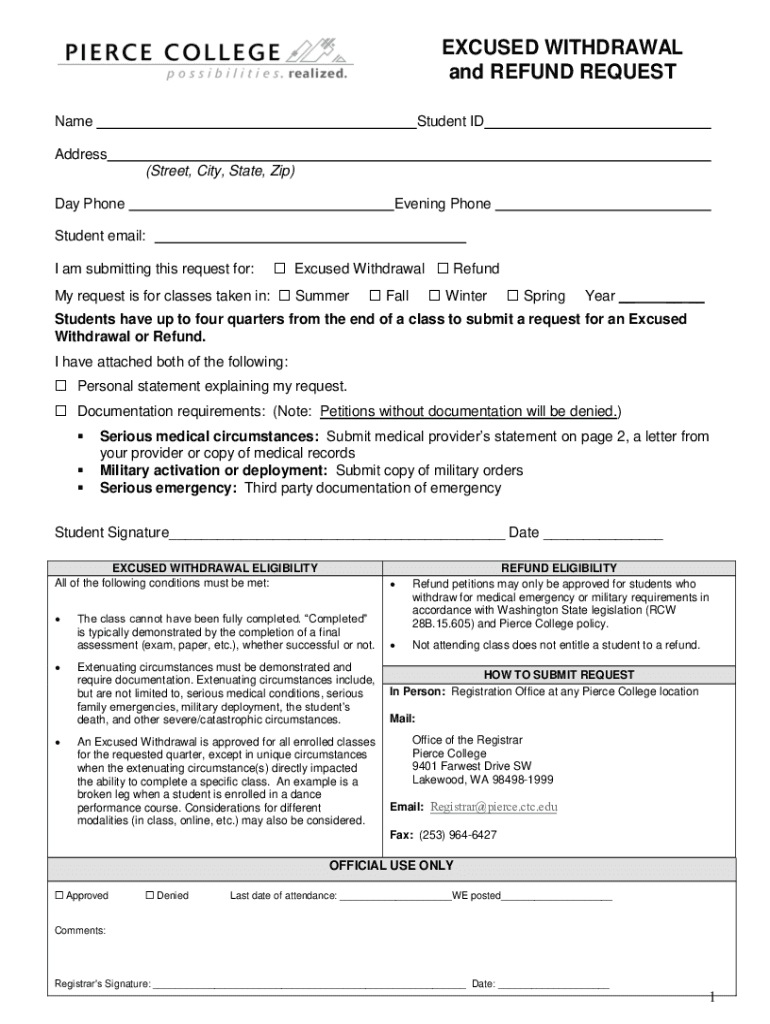Fillable Online EXCUSED WITHDRAWAL and REFUND REQUEST Fax Email Print - pdfFiller