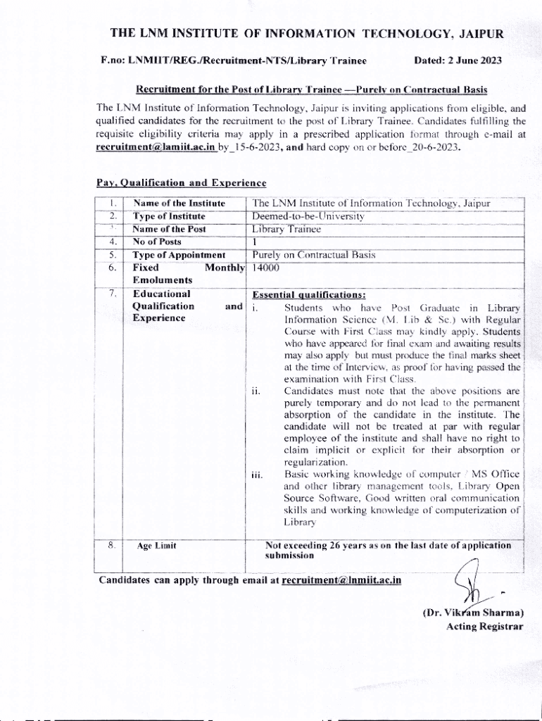 Fillable Online Recruitment for Library Trainee Post at LNMIIT, Jaipur Fax Email Print - pdfFiller