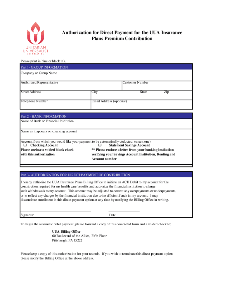 Fillable Online Authorization for Direct Payment for the UUA Insurance ...