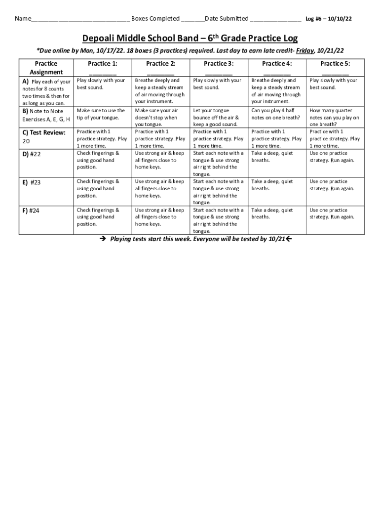 Fillable Online Depoali Middle School Band6th Grade Practice Log Fax ...