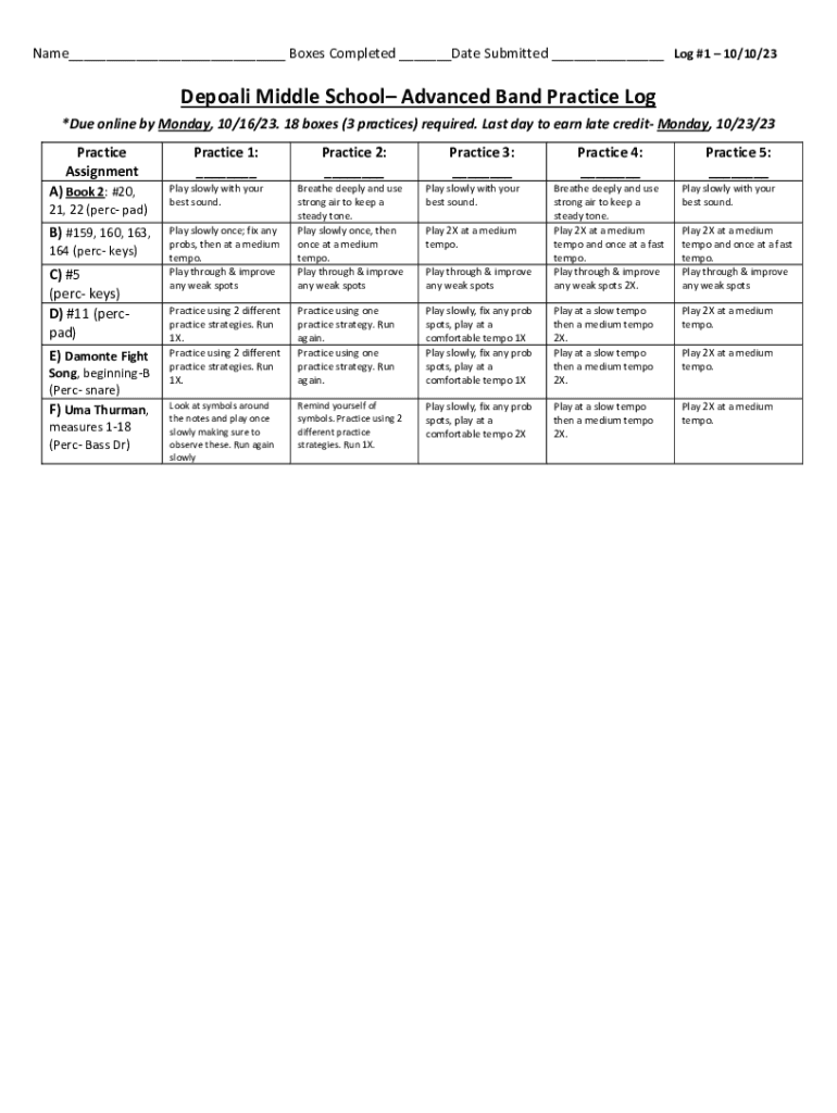 Fillable Online Depoali Middle School Advanced Band Practice Log Fax ...