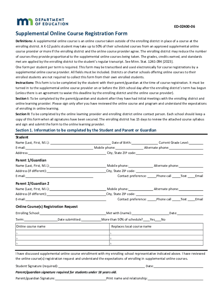 Fillable Online education mn Supplemental Online Course Registration ...