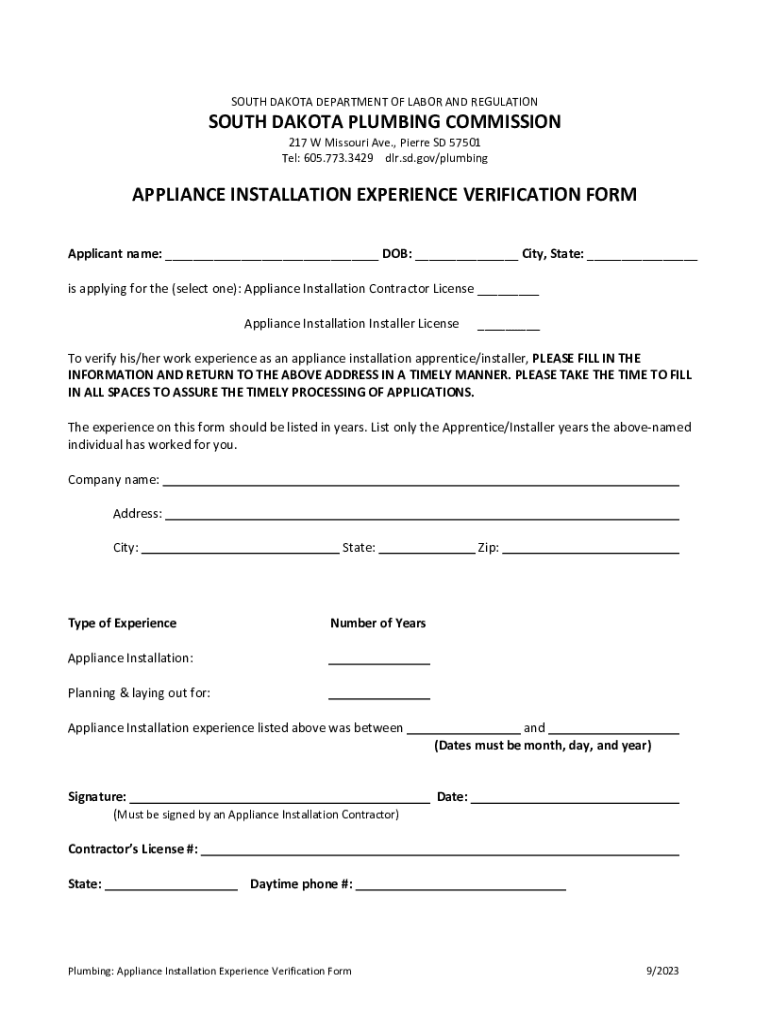 Fillable Online dlr sd Sewer and Water Experience Verification Form Fax Email Print - pdfFiller