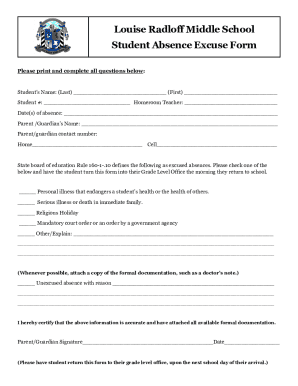 Fillable Online Louise Radloff Middle School Student Absence Excuse ...