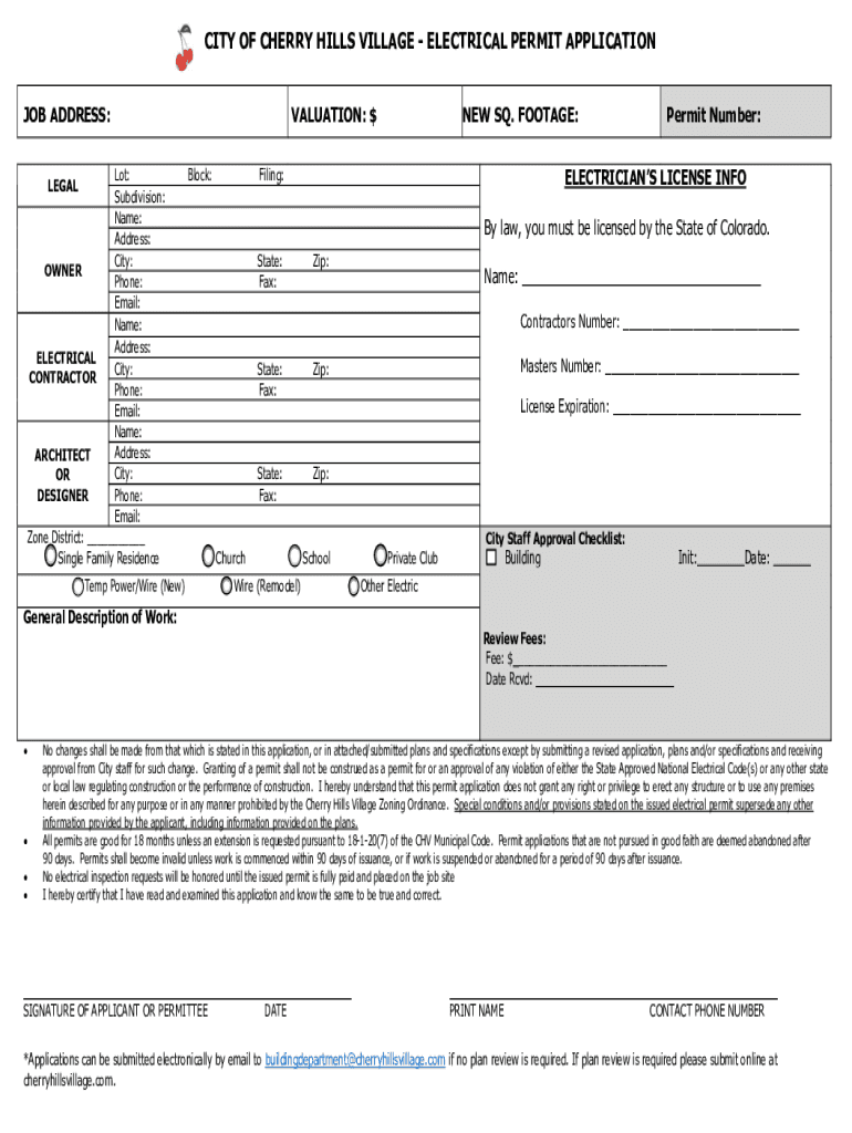 Fillable Online ELECTRICAL PERMIT ... - CITY OF CHERRY HILLS VILLAGE ...