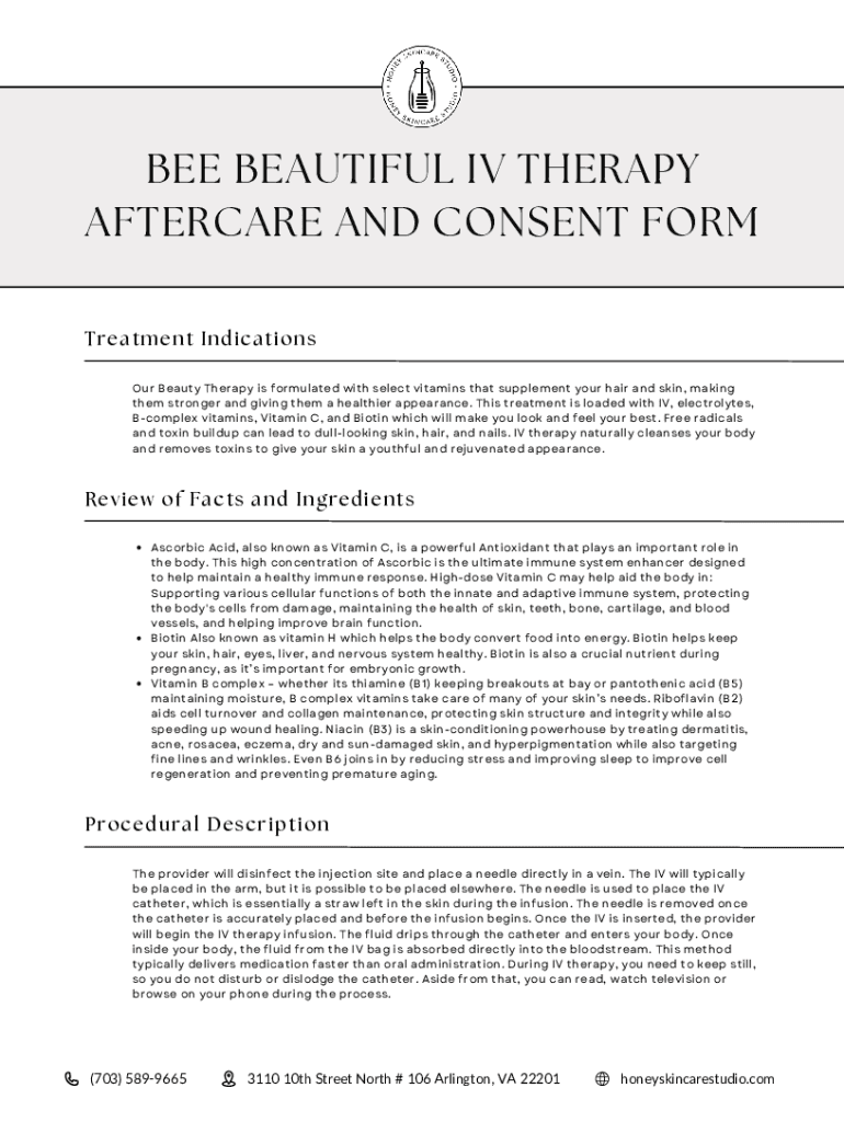 Fillable Online Bee Beautiful IV Therapy Aftercare and Consent Form Fax ...