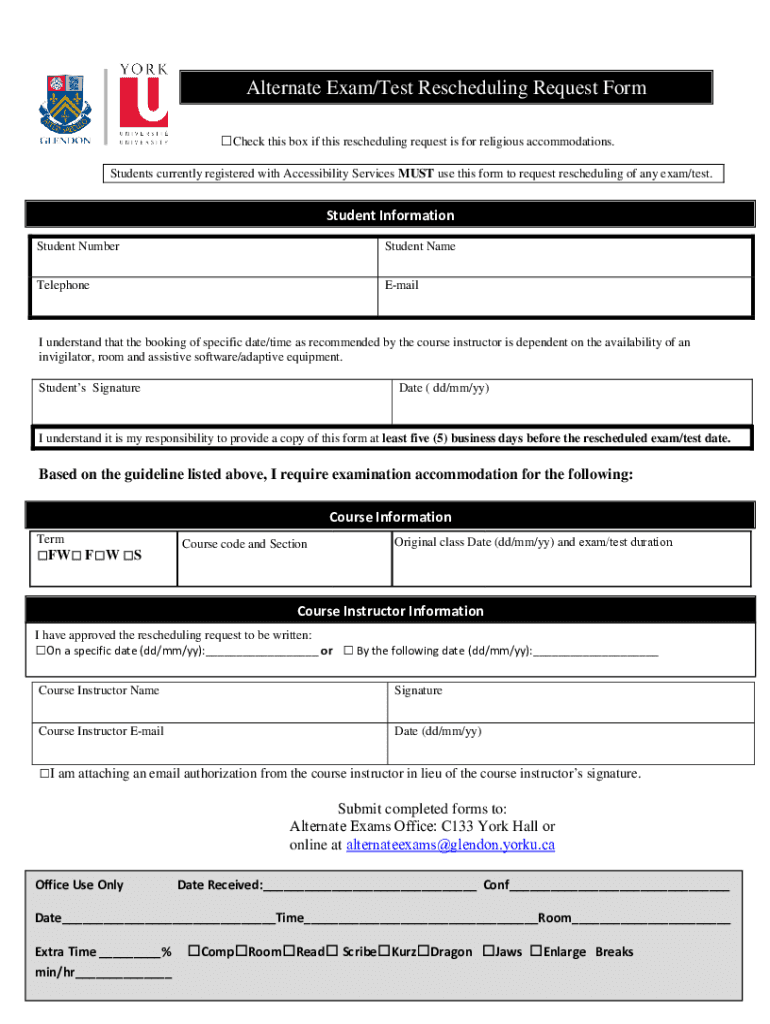 Fillable Online Alternate Exam/Test Rescheduling Request Form Fax Email ...