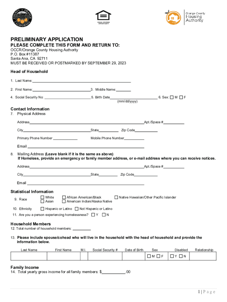 Fillable Online Orange County Housing Choice Voucher: Application ...