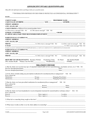 Fillable Online Mental Health Therapy Intake Form Fax Email Print ...