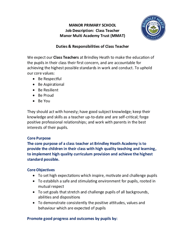 Fillable Online MANOR PRIMARY SCHOOL Job Description Class Teacher Fax Fillable Online MANOR PRIMARY SCHOOL Job Description Class Teacher Fax