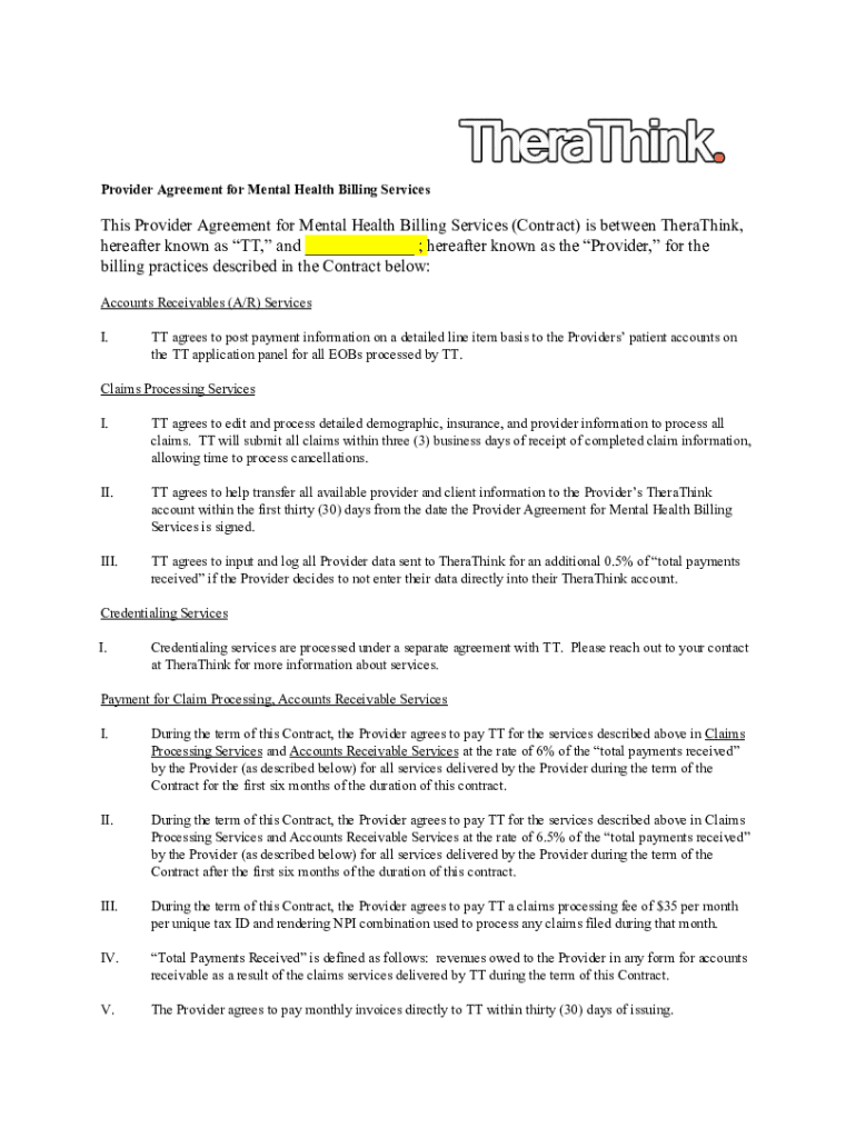 Fillable Online This Provider Agreement for Mental Health Billing ...