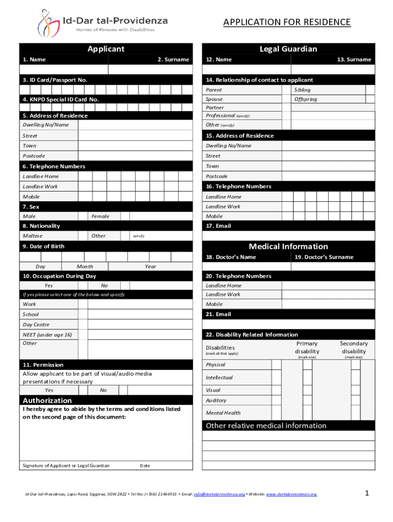 Fillable Online Application for residence. Id-Dar tal-Providenza Fax ...