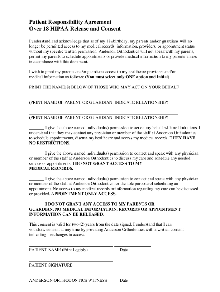Fillable Online Patient Responsibility Agreement Over 18 HIPAA Release ...