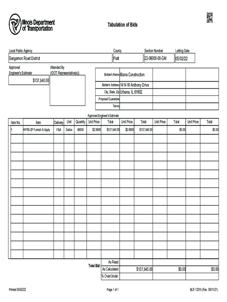 Fillable Online BID OPENING TABULATION FORM Fax Email Print - pdfFiller