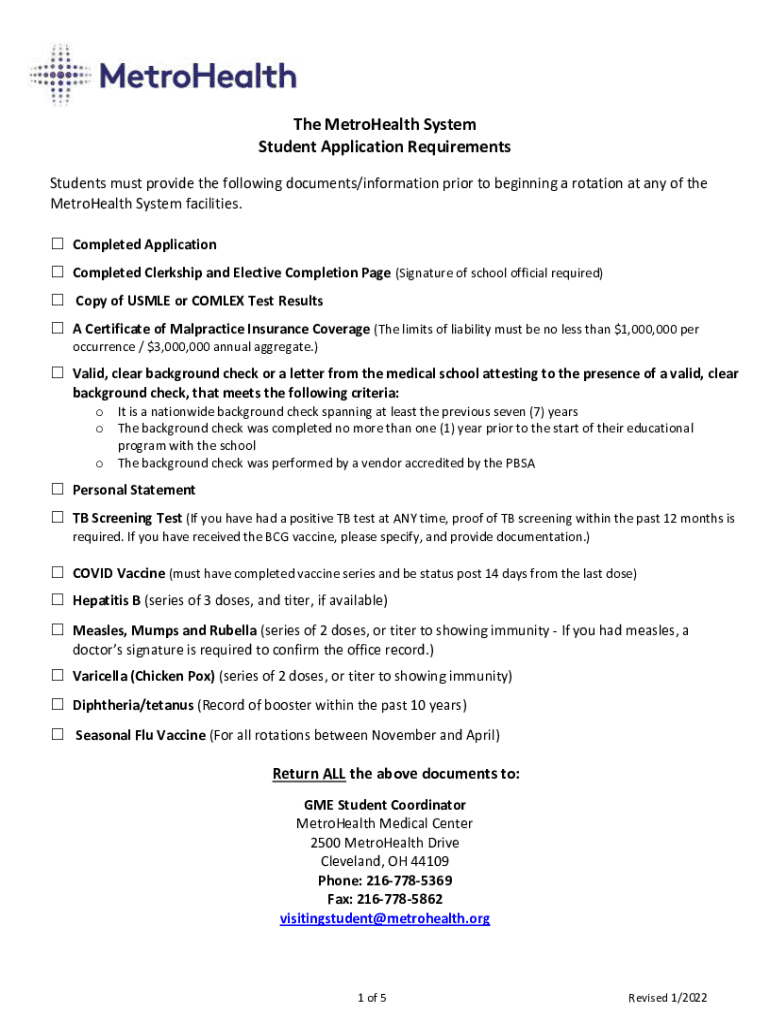 Fillable Online Fillable Online metrohealth Students must provide the ...